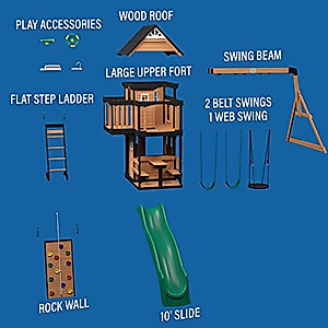 Backyard Discovery Canyon Creek All Cedar Wood Swing Set, Playhouse with Grill, Plastic Food, Picnic Area, Steering Wheel, Two Belt Swings, Rock Climbing Wall, Balcony, Deck, Slide, Web Swing,Brown
