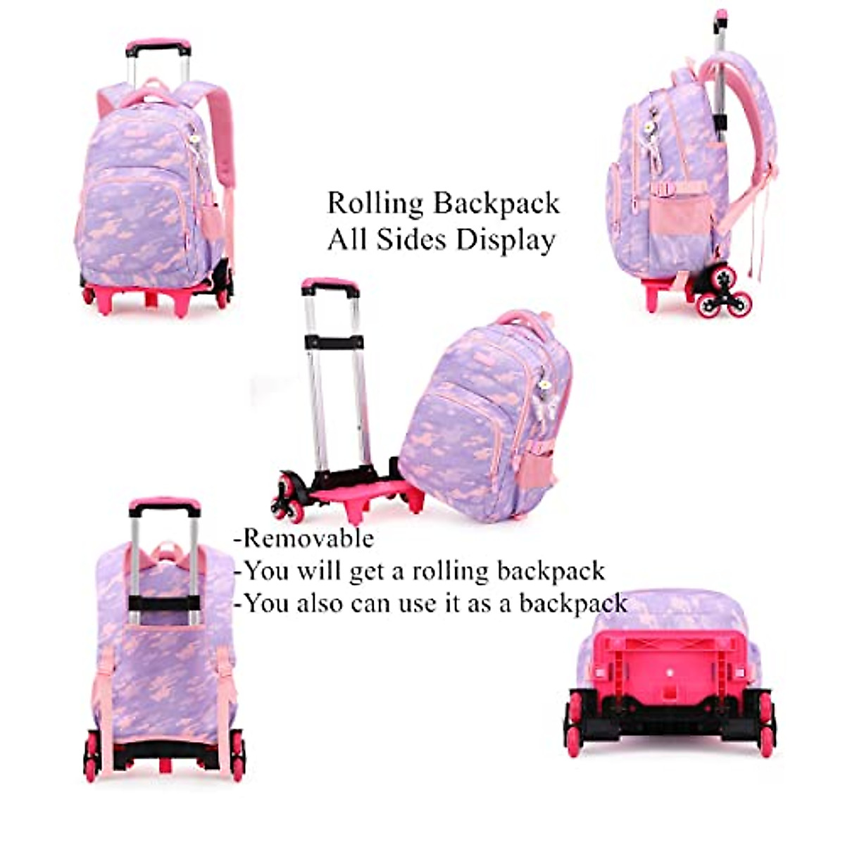 VIDOSCLA Colorful Kids Girls Elementary Trolley Backpack Rolling BookBag Wheeled Schoolbag for Teens