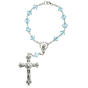 One Decade Auto Rosary made w/Aquamarine Blue Austrian Crystals (March) - Communion, Confirmation, RCIA, Birthday & more