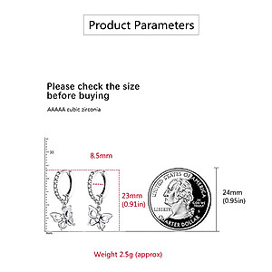 Cute CZ Butterfly Dangle Hoop Earrings for Women S925 Sterling Silver with Charms Huggie Hoops Crystal Drop Cartilage Filigree Jewelry Delicate Fashion Dainty for Dauther