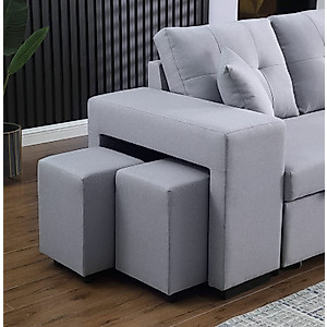 BIADNBZ Convertible Sleeper Sectional Sofa with Reversible Storage Chaise, Modern Linen Fabric L-Shaped Pull Out Couch w/2 Stools,for Living Room Apartment, Light Gray