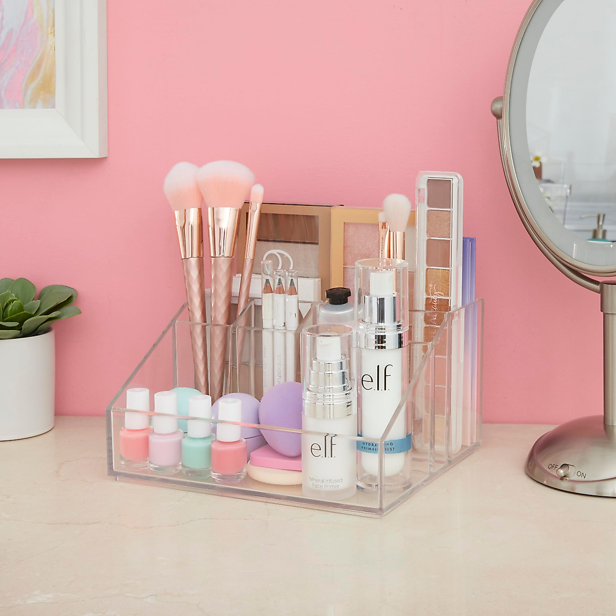 STORi Chloe Clear Plastic Stackable Vanity Makeup Organizer | Rectangular 6-Compartment Holder for Cosmetics, Brushes, Eyeshadow Palettes, & Beauty Supplies | Made in USA