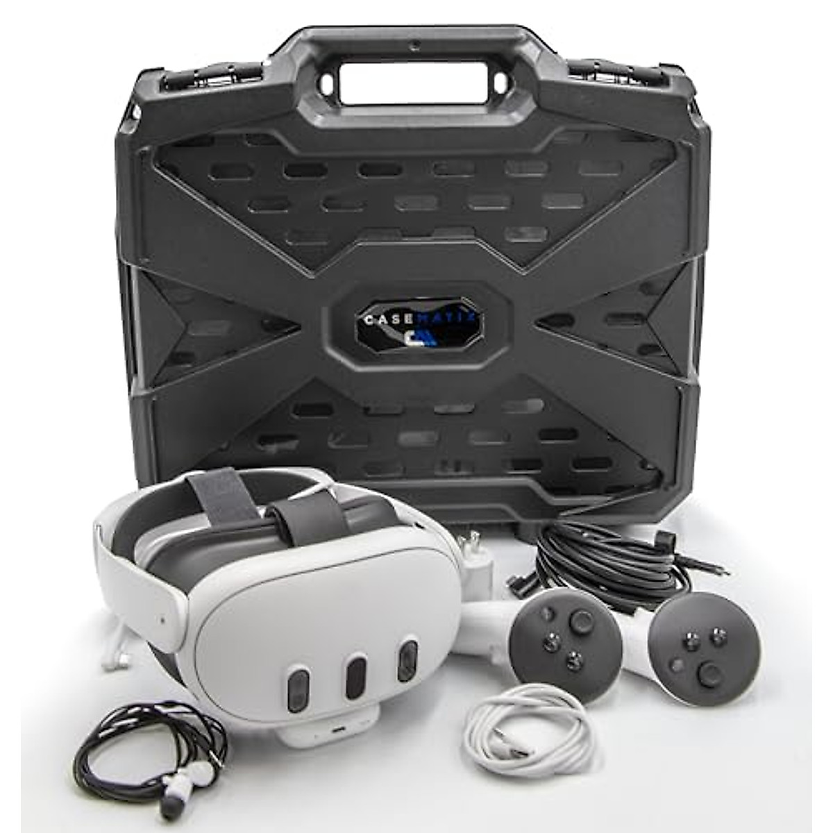 CASEMATIX Hard Shell Travel Case Compatible with Meta Quest 3S, Meta Quest 3 and 2 VR Headset - Fits 256GB, 128GB and 64GB Models with Custom Compartments for Accessories Like Controllers and Cables