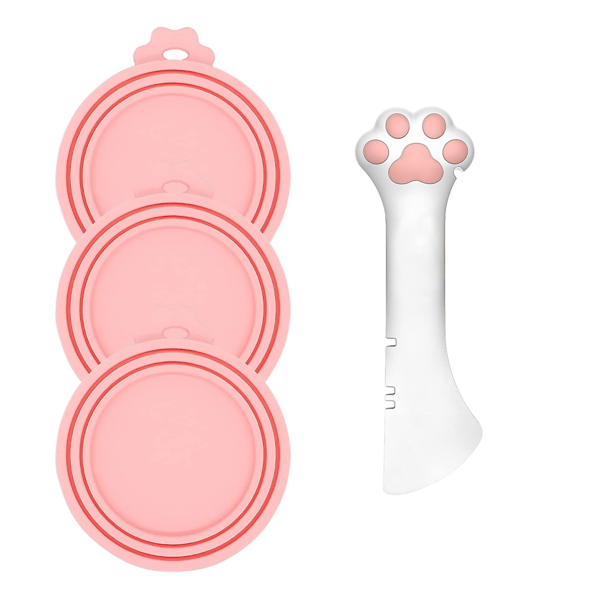 DORUI 3 Pcs Pet Food Can Lids & One Can Spoon | Cute Paw Shape Opener Spatula Cat Wet Food Spoon | Universal BPA Free Silicone Can Spoon & Covers for Dog Cat Cans(Pink)
