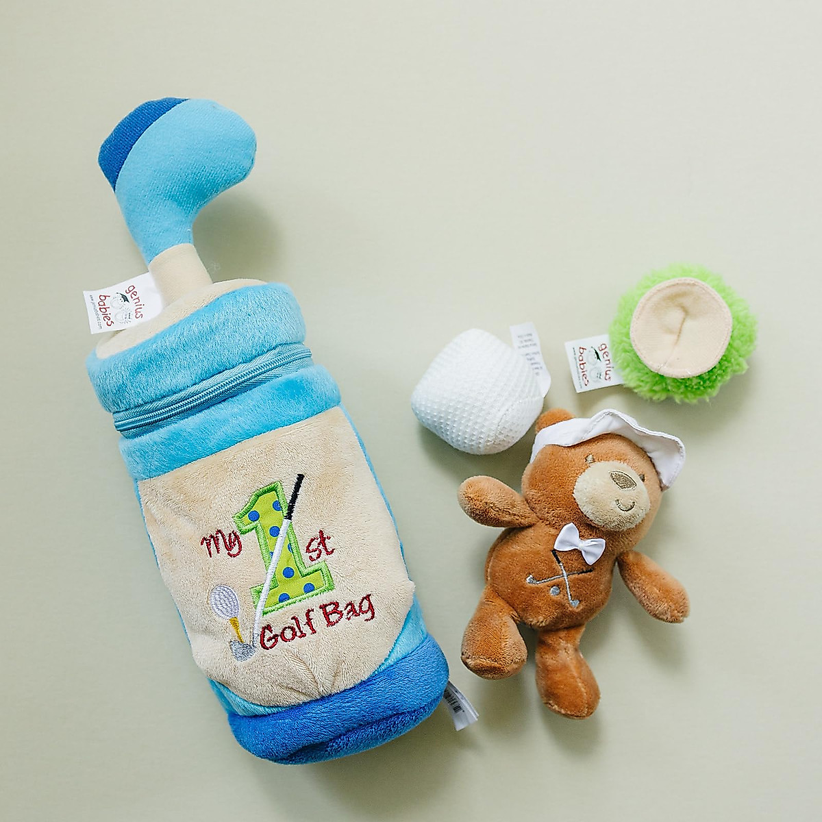 Genius Baby - 9" The Original Baby Golf Bag with Teddy Bear, Blue Bag Embroidered with 'My 1st Golf Bag', Lightweight, Perfect Size Golf Toy for Small Hands, Unique for Golf Baby