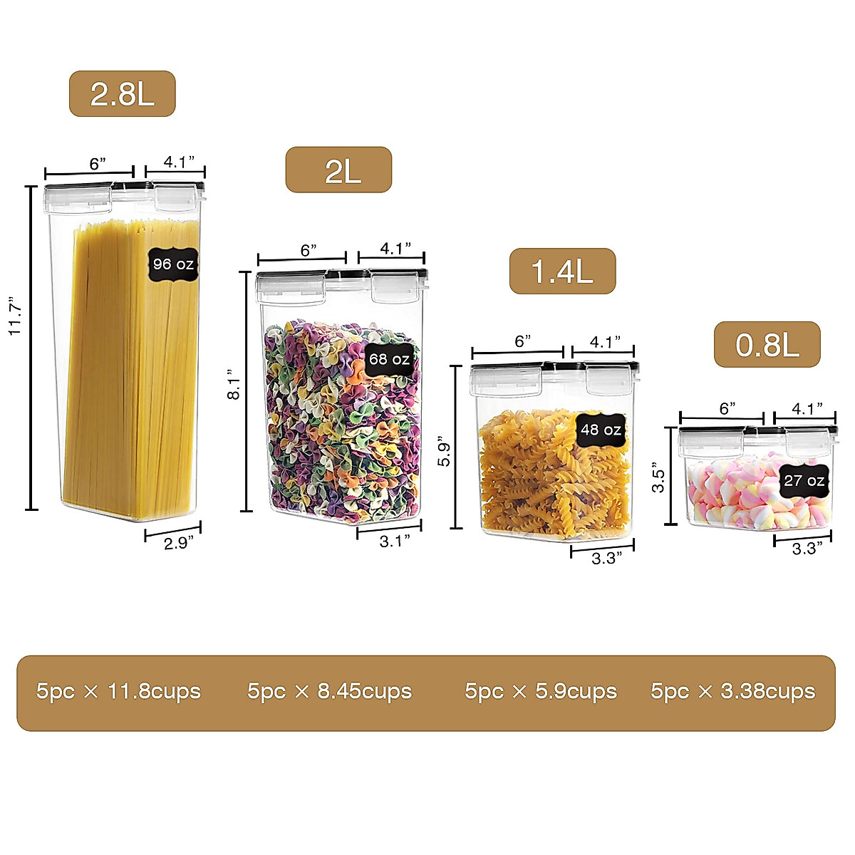 GoMaihe Food Storage Containers 20-Piece, Plastic Food Storage Containers with lids Airtight, Cereal Containers Storage set Suitable for Food, Cereal, Kitchen Pantry Organization and Storage, Black