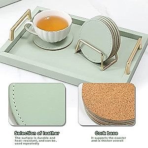 Coaster Set of 6 with Metal Holder Leather Coasters Cup Coaster for Coffee Table Absorbent Coaster Housewarming Gift for Tabletop Protection Home Decor (Green)