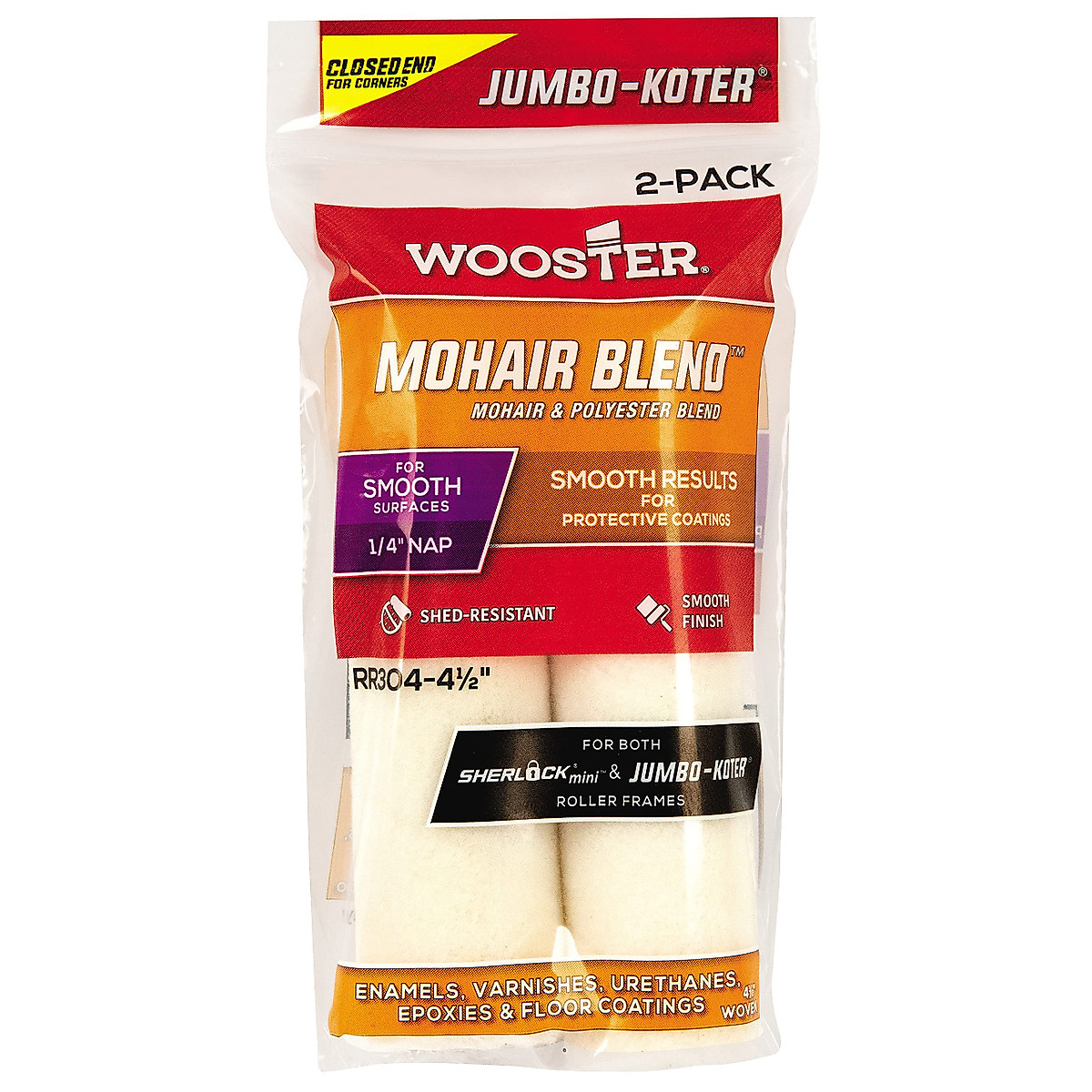 Wooster Brush RR304-4-1/2 Jumbo-Koter Mohair Blend Roller 1/4-Inch Nap, 2 Pack, 4-1/2-Inch