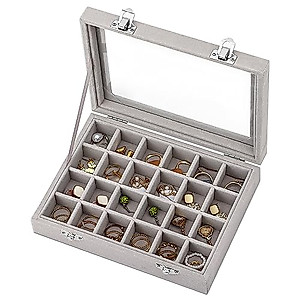 Fixwal Earring Jewelry Box 24 Grid Velvet Jewelry Tray for Drawers Glass Clear Lid Showcase Display Storage Ring Trays Earring Holder Organizer Case(Grey)