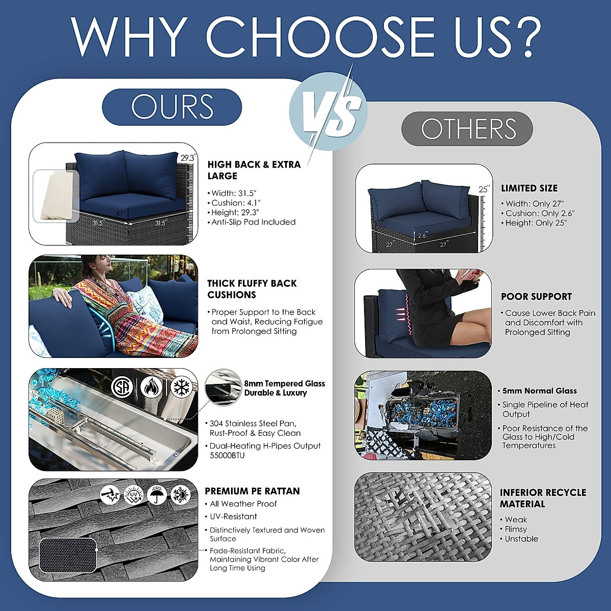 NICESOUL® Large 9 Piece Outdoor Patio Furniture Set with Fire Pit Table,29.3'' High Back Rattan Modular Sectional Sofa Set with Natural Gas/Propane Firepit Navy,2 Colors Cushions