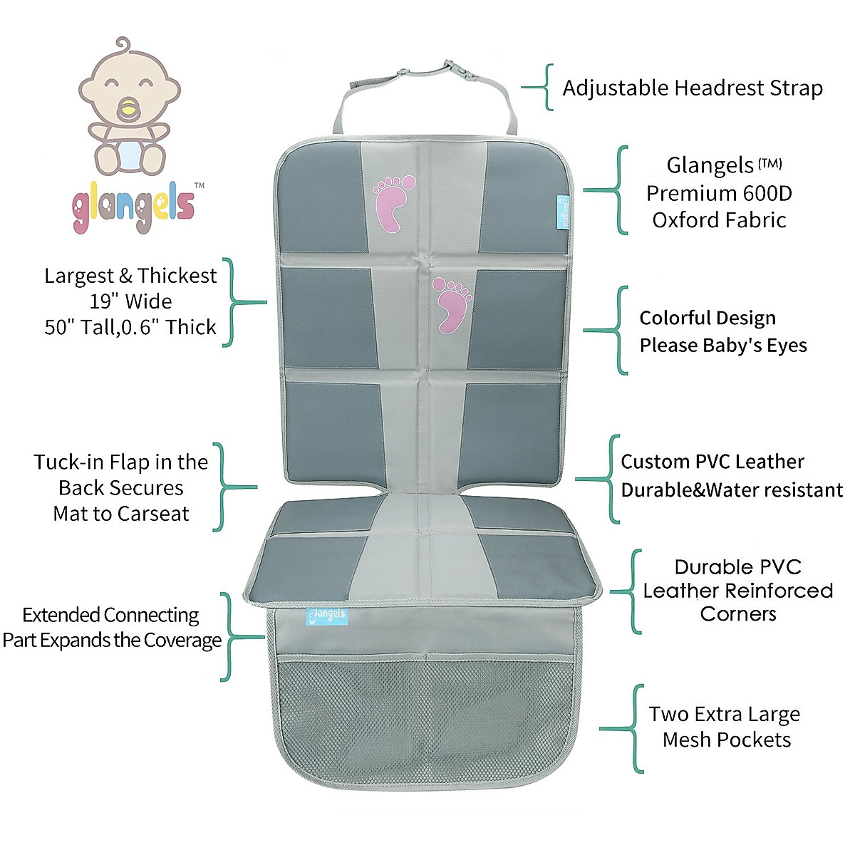 Glangels Child Car Seat Protector- Enhanced Padded Booster Seat Cover for Vehicles-Waterproof Seat Protectant for Baby or Toddler-Extra Large Storage Pocket-Prevents Dirt and Damage (Grey)