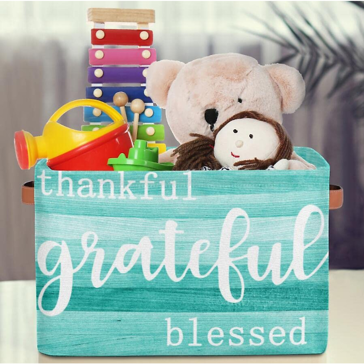 AUUXVA Teal Turquoise Green Wood Storage Bins Baskets Fabric Laundry Baskets, Storage Cube Boxes Organizer Bag Bin for Toy Organizing Book Storage Shelves Nursery Closet