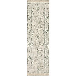 Penkridge Traditional Persian Hallway, Entryway, Bedroom, Kitchen Cotton Runner Rug - Vintage Handmade Luxury Collection with Tassel - Boho, Bohemian Oriental Style - Green, Sage, Beige 2'6" x 8'
