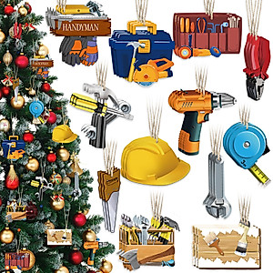 Suzile 36 Pcs Christmas Construction Tools Ornament Wooden Hanging Handyman Belt Board Wood Axe Plier Hammer Tool Christmas Tree Ornament for Xmas Party Holiday Decor