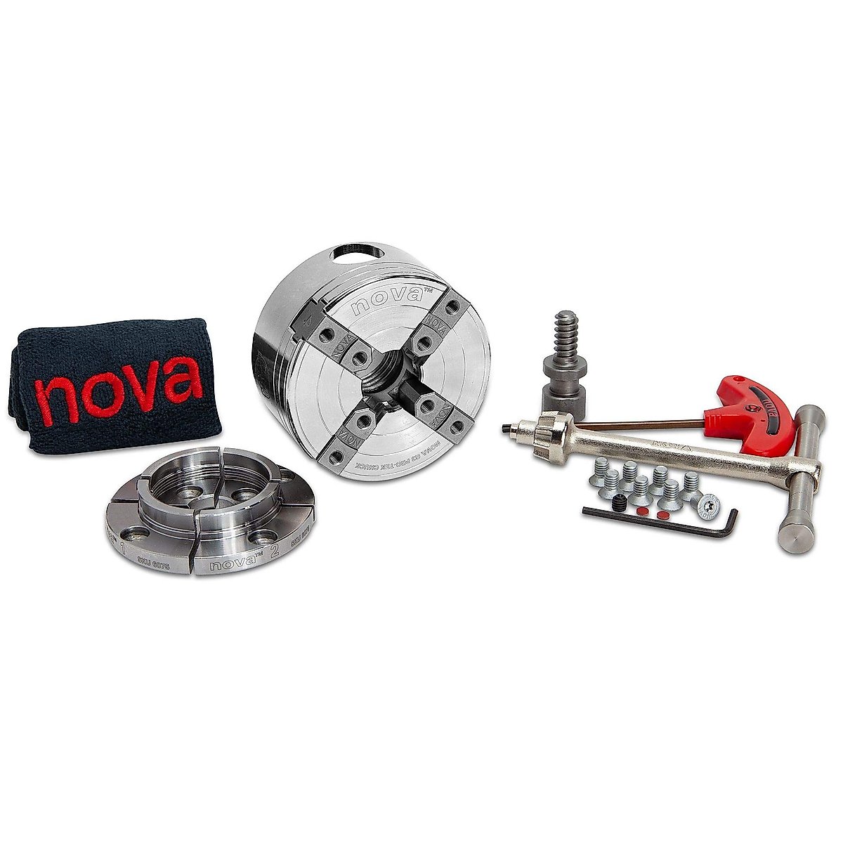 NOVA 48293 PREMIER PRO-TEK G3 CHUCK Bundle with 2" PRO-TEK Jaw Set, JSPIN 1" Pin Jaw Set, JS100N 4" Bowl Jaw Set, Woodworm Screw & Storage Case. 1"x 8 TPI Only (Does Not Use Inserts)