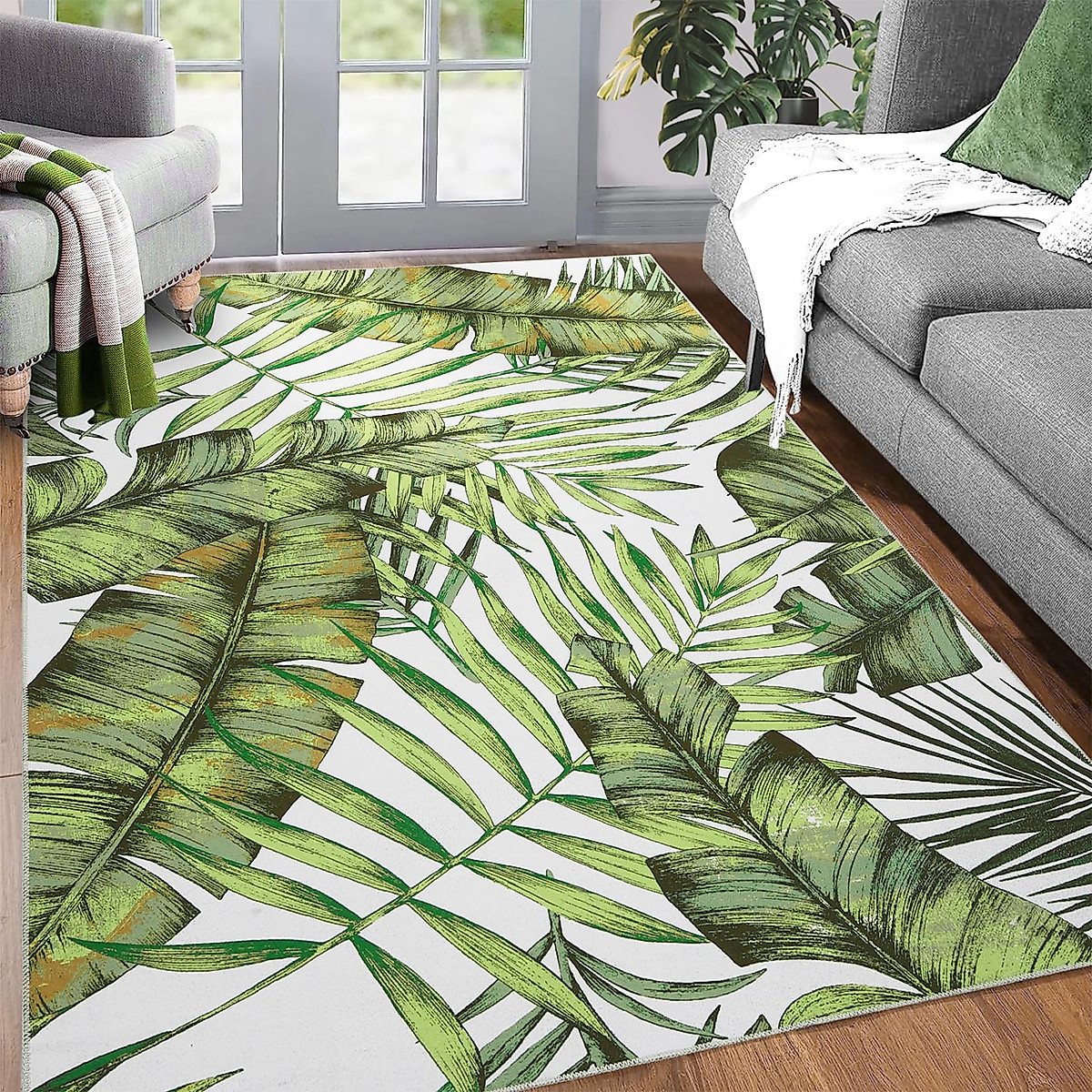 CAREMEE 8x10 Washable Area Rug Palm Tree Leaf Area Rug Indoor Throw Carpet Rug Non Slip Low Profile Non-Shedding Large Area Rug Thin Rug for Living Room Bedroom Kitchen, 8'x10' Green
