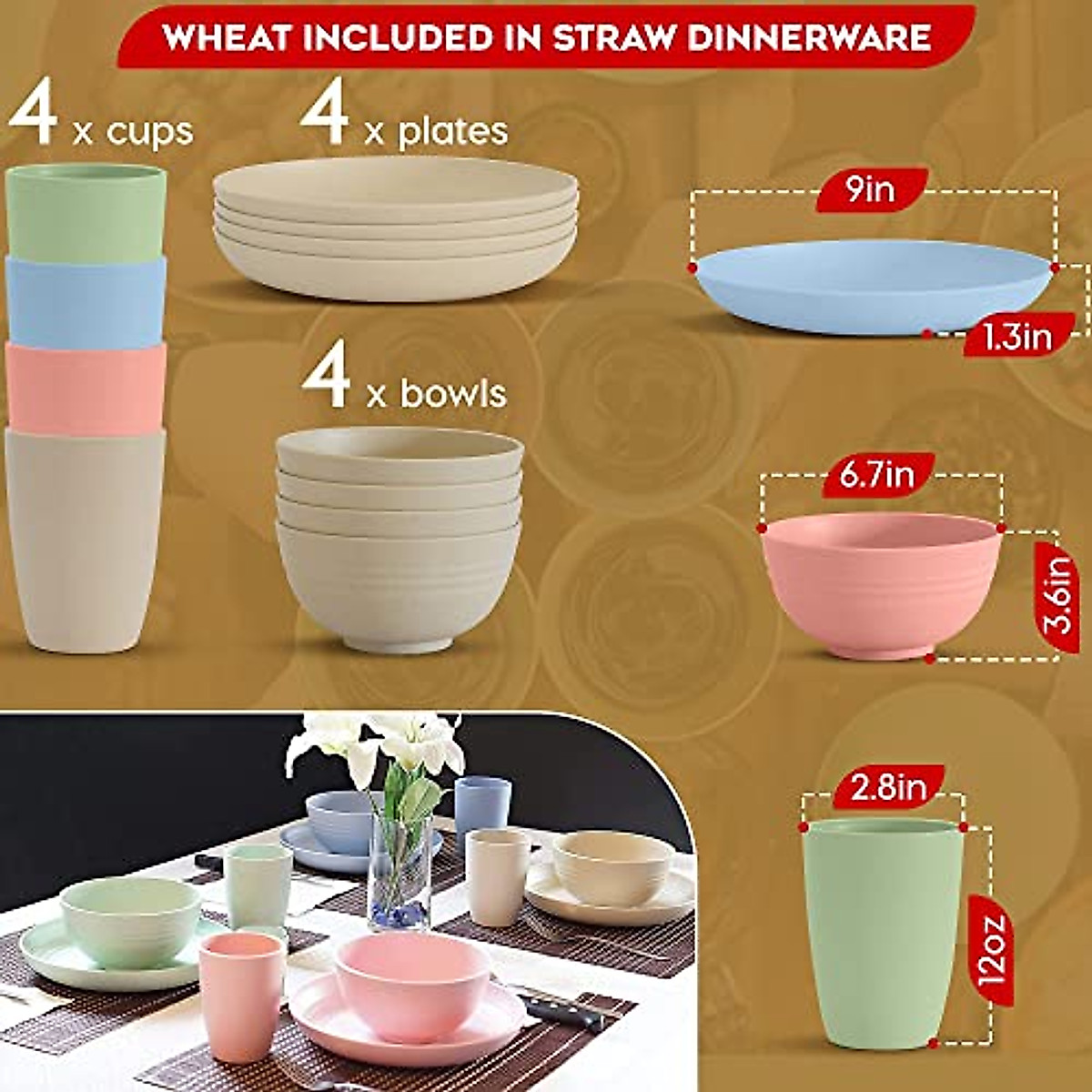 GATO Wheat Straw Dinnerware Sets (12pcs) - Microwave Safe, Eco-Friendly & Reusable Dinnerware Set for Kids, Adults - Includes Unbreakable, Dishwasher Safe Plates, Bowls, & Cups - Multicolor Design