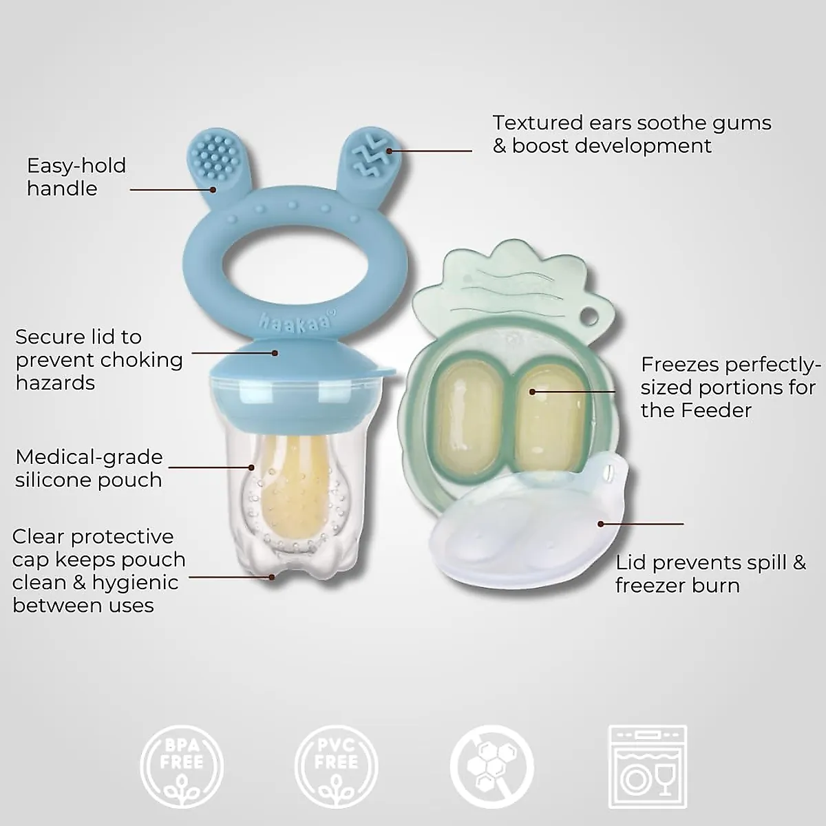 Haakaa Freeze-N-Feed Mini Combo with Silicone Food Feeder & Silicone Mini Nibble Tray|Baby Solid Food Self Feeder|Breastmilk Popsicle Mold Storage & Feeder for Soothing Baby Gums 1 PK