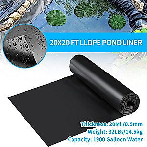 Coocure Pond Liner 20x20ft, LLDPE Garden Pond Liner, 20Mil Thickness Pond Liner for KOI or Fish, Duck and Waterscape.