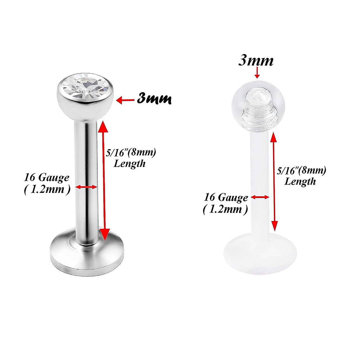 bodyjewellery 3pcs 16g 5/16 Labret Stud Lip Ring Snake Bite Conch Forward Helix Monroe Tragus Dahlia Marilyn Internally Threaded - Clear