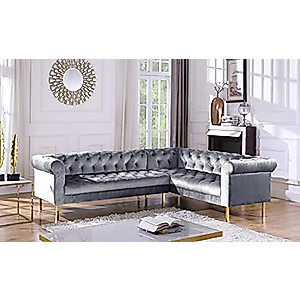 Iconic Home Giovanni Right Facing Sectional Sofa L Shape Velvet Upholstered Button Tufted Roll Arm Design Solid Gold Tone Metal Legs Modern Transitional Navy Grey