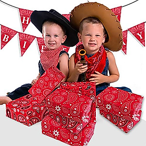 OXYLIPO 8 Sheets Red Bandana Gift Wrapping, 4 Patterns Red bandanas Paisley Print Recyclable Wrapping Paper for Kids Girls Boys Present Birthday Party Baby Shower Western Cowboy Theme Gift Wrap