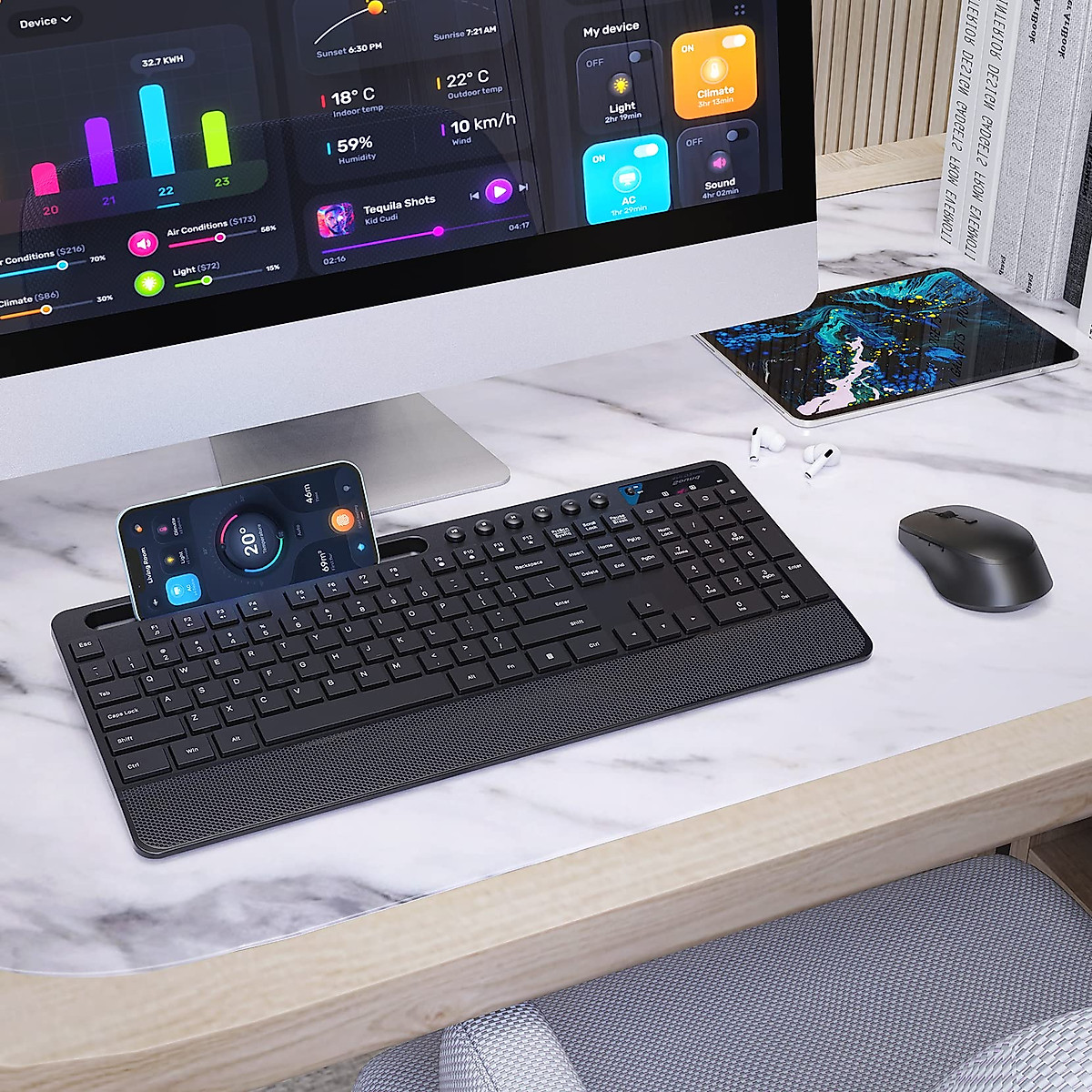 Veilzor Wireless Keyboard and Mouse Combo, 2.4GHz Lag-Free Ergonomic Keyboard Full-Size with Phone Holder & 10 Independent Shortcuts, Silent Mouse with 4 DPI for Computer, Desktop, Laptop