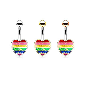 Pierced Owl Rainbow Gay Pride Synthetic Opal Glitter Heart Belly Button Navel Ring (Rose Gold Tone)