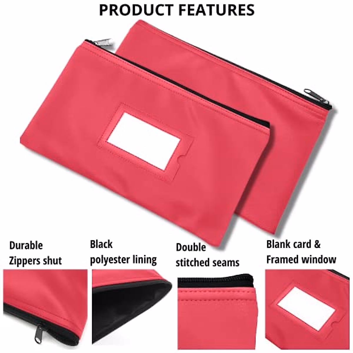 Money Bank Deposit Bag with Zipper | 11x6 inch | Pink | Durable Leatherette Money Cash Coin Check Wallet Pouch for Men & Women with Framed ID Window and Blank Card | by GIDABRAND (5)