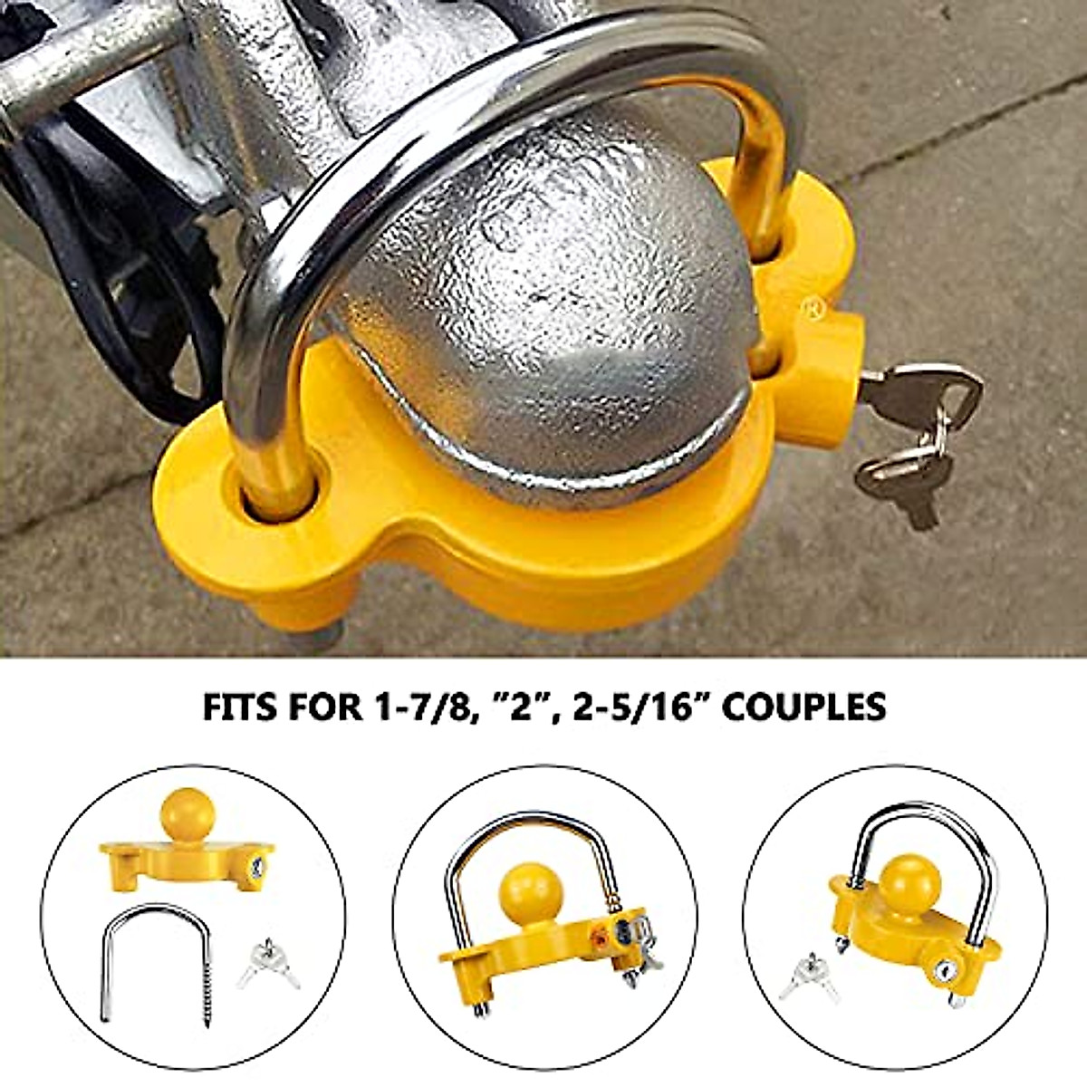 Cenipar Universal Trailer Hitch Security Adjustable Lock Tow Ball Coupler,Heavy-Duty Steel Fits 1-7/8”,2”,2-5/16” Couples (Yellow)