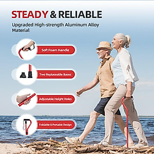 BeneCane Walking Cane for Men & Women Adjustable Cane with Offset Soft Cushioned Handle -Portable Lightweight Sturdy Mobility Walker Aid for Elderly, Seniors Collapsible Cane Red