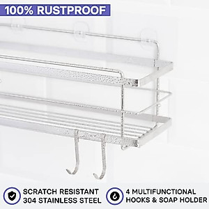 KINCMAX Shower Caddy and Soap Holder, Rustproof SUS304 Stainless Steel, Adhesive Wall Mount Double Baskets 2-pack with Hooks (Polished Silver)