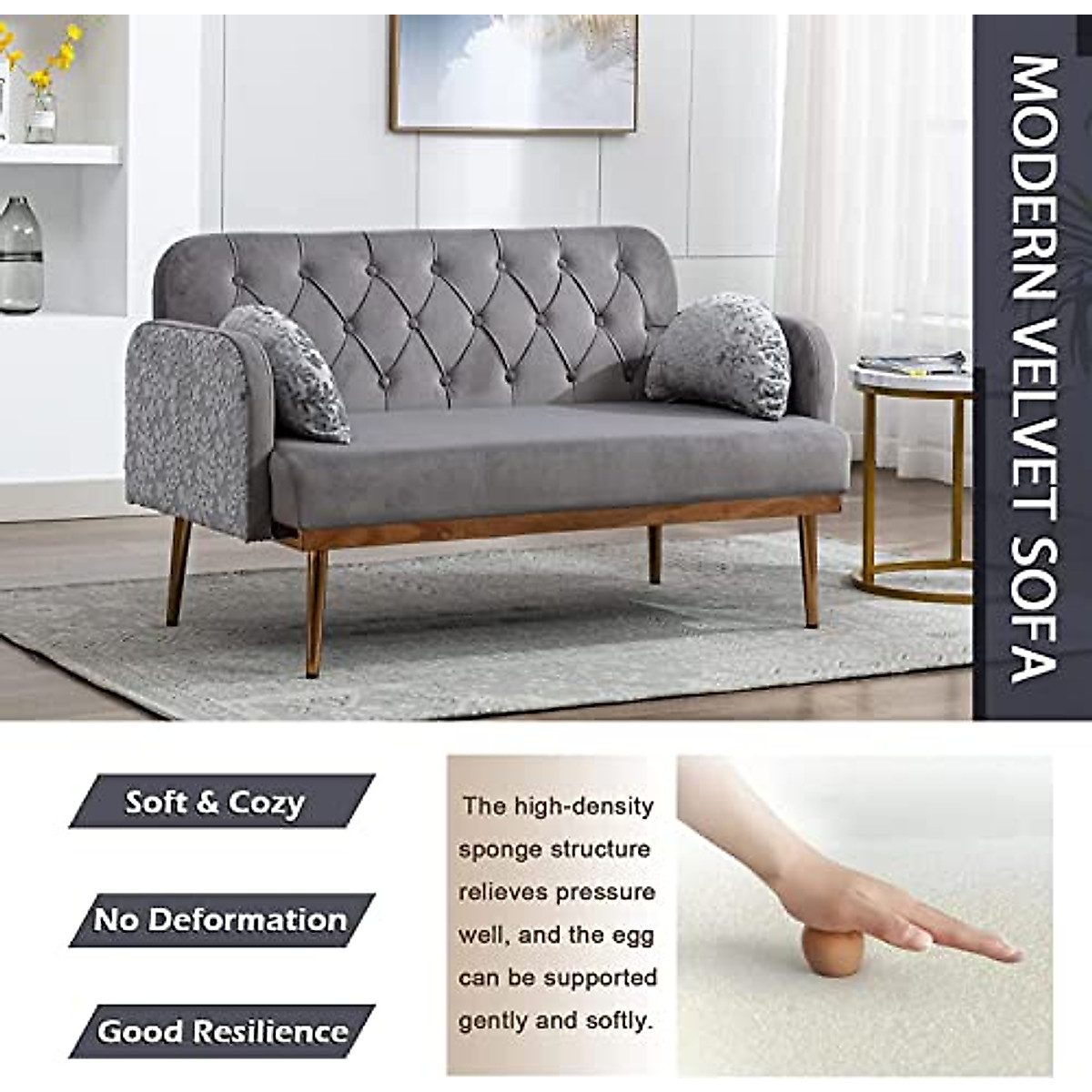 55-inch Small Velvet Sofa with Two Elegant Moon Shape Pillows, Modern Twin Size Accent Sofa Couch with Golden Metal Legs & Tufted Backrest & Delicate Armrests, Loveseat Sofa for Living Room, Grey