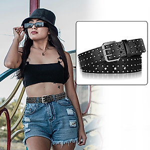 Olutacot 4 Piece Studded Rivet Double Grommet Belt Set - Faux Leather Gothic Goth Black - Punk Style Accessories for Men Women - Ideal Gift