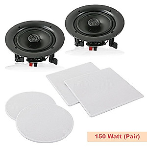 Pyle Pair 5.25” Flush Mount In-wall In-ceiling 2-Way Speaker System Spring Loaded Quick Connections Changeable Round/Square Grill Stereo Sound Polypropylene Cone Polymer Tweeter 150 Watts (PDIC1656)