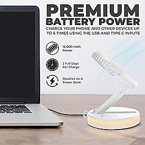 VENTY Original Portable Fan - Wireless Battery Operated Fan With 4 Speeds, Remote Control, Oscillation, & LED Lighting, Travel Rechargeable Fan & Power Bank USB-C Ports, Camping Fan (White with Case)