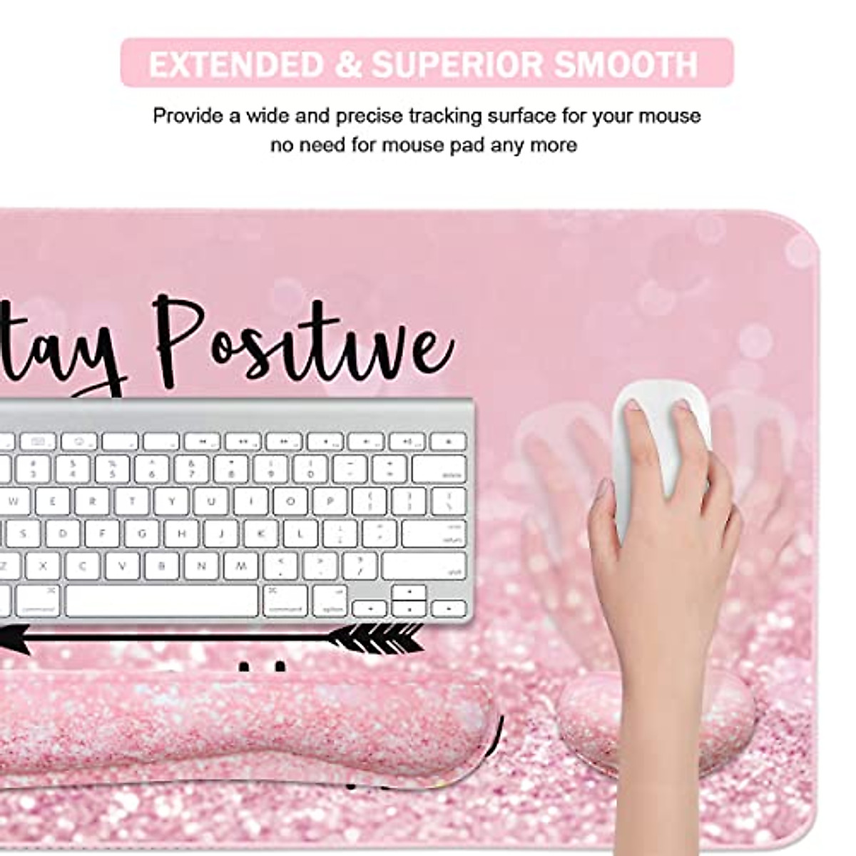 Keyboard Mouse Pad Set, Extended Mouse Pad+Keyboard Wrist Rest Support, Memory Foam Ergonomic Easy Typing, 3Pcs (35.4×15.7 in) Desk Pad Set for Home Office Study Game - Pink Stay Positive