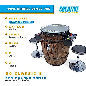 Creative Arcades Full-Size Commercial Grade Wine Barrel Style Pub Arcade Machine | Standard/Medium/Large | Classic Games | 2 Sanwa Joysticks | 2 Stools (Medium, 412 Game, 19" Screen, Wood Finish)