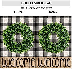 Welcome Spring Garden Flag for Outside,Buffalo Plaid Boxwood Wreath Small Yard Flag, Summer Seasonal Decors for Outdoor Farmhouse Holiday 12x18 Double Sided