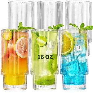 Qipecedm 6 Pack Ribbed Drinking Glasses, 16 oz Vintage Glass Cups, Highball Glasses, Premium Iced Coffee Glasses, Clear Glass Tumbler, Cocktail Glasses, Elegant Glassware for Water Juice Whiskey Beer