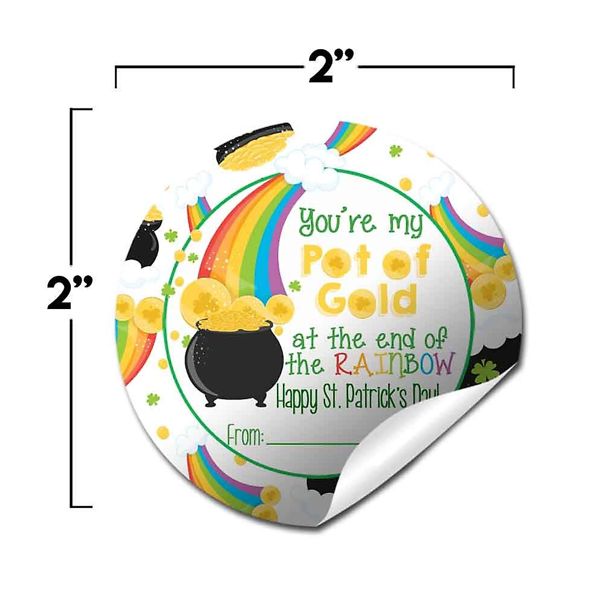 Pot of Gold Rainbow St. Patrick’s Day Gift Tag Sticker Labels, 40 2" Party Circle Stickers by AmandaCreation, Great for Party Favors, Envelope Seals & Goodie Bags