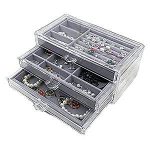 Acrylic Jewelry Organizer Box, Velvet Jewellry Clear Display Case, 3 Drawers Stackable Ring Earring Necklace Bracelet Display Storage for Women Girls Kids Gift