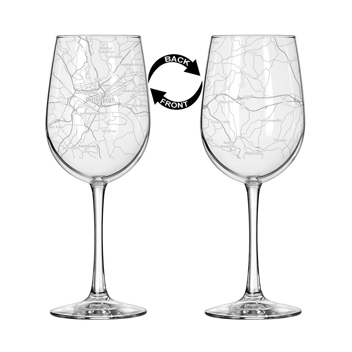 16 oz Tall Stemmed Wine Glass for Red or White Wine Wrap Around City Map Pittsburgh, PA Pennsylvania