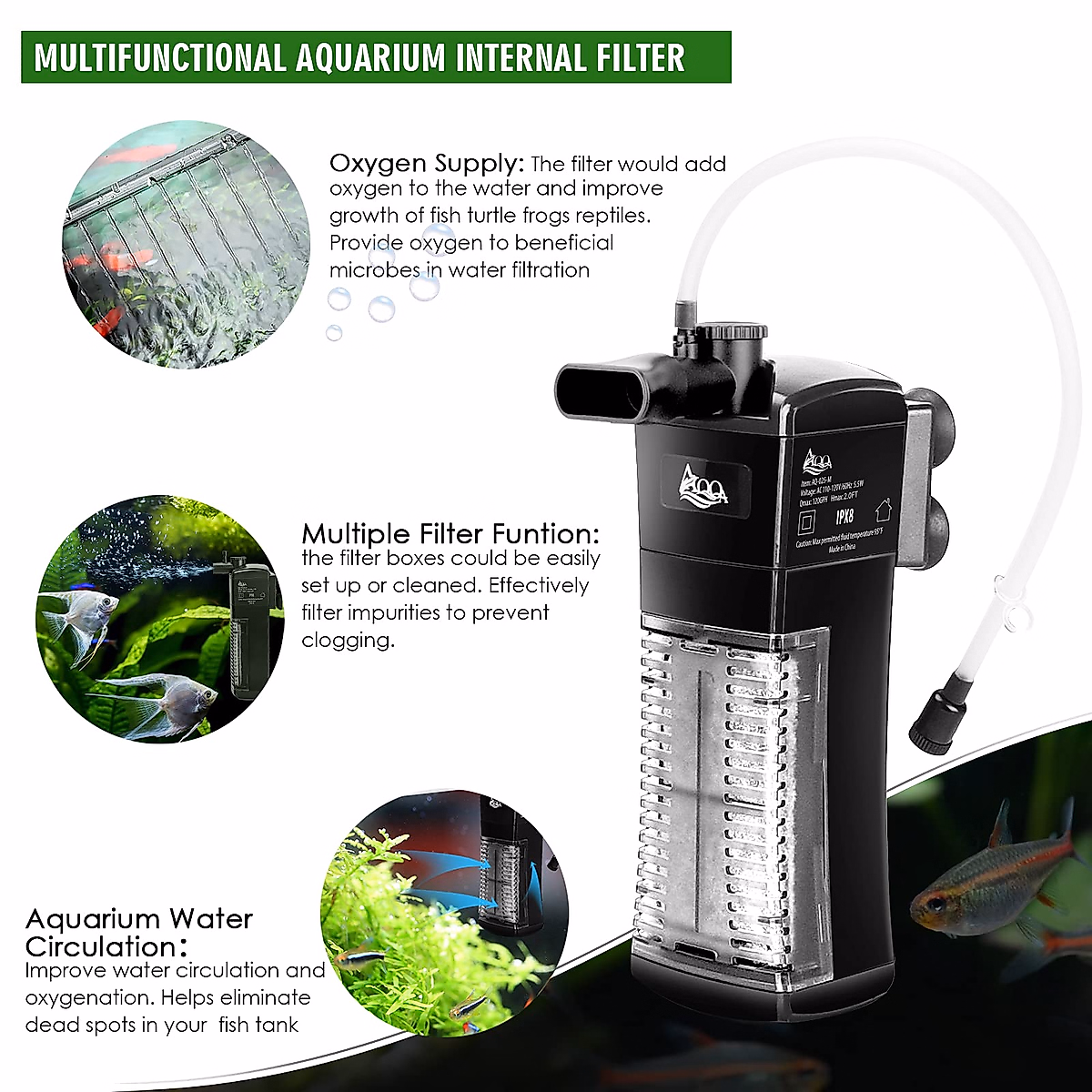 AQQA Aquarium Internal Filter Submersible Power Filter in-Tank with Adjustable Water Flow, Ultra Silent Sponge Filter for Fish Tank Water Crystal Clear
