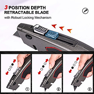 HAUTMEC Heavy Duty Utility Knife With Dual Cutting Mechanism，Safety Auto-Retracting and Precision 3 Position Depth Tough Cutting, Professional Retractable Box Cutter With 3 Black Sk4 Blades, HT0311