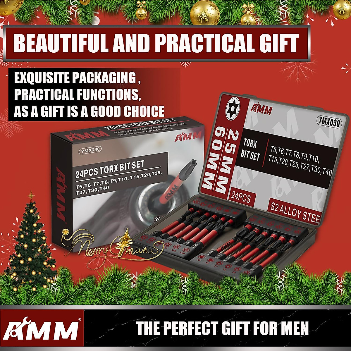 AMM 24-Piece Torx Bit Set, Security Star Bit Set, Tamper Resistant Star Bits Set, S2 Alloy Steel, 1" and 2.3" Long Impact Bits with Storage Box（T5-T40 ）