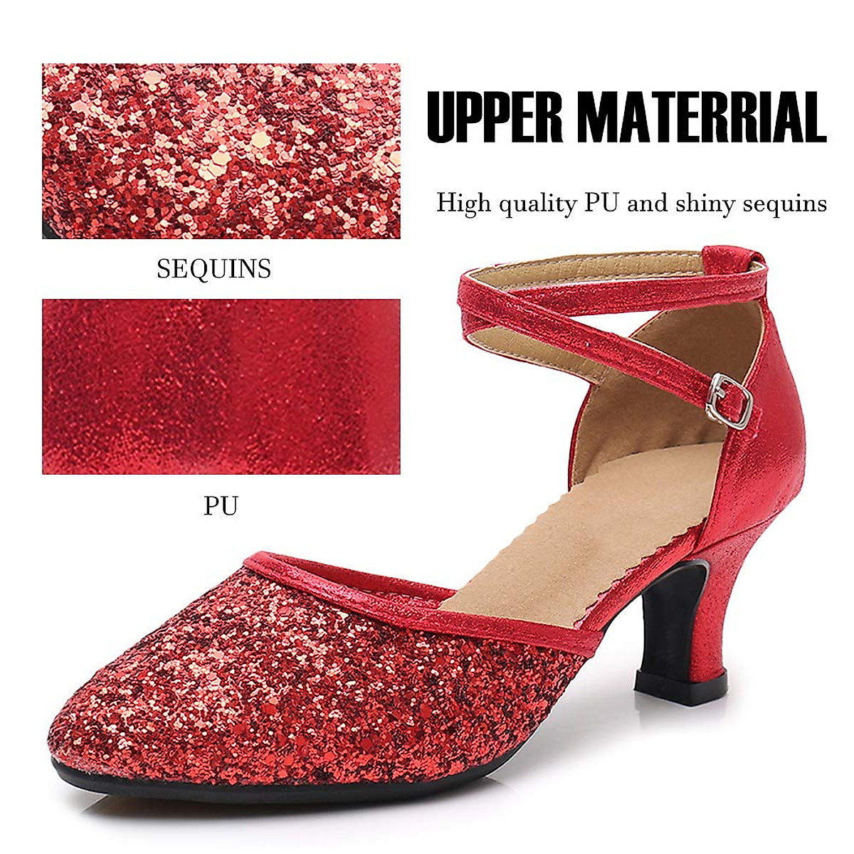 SWDZM Glitter Women's Latin Dance Shoes Closed Toe Sequins Ballroom Salsa Tango Party Practice Performance Dance Shoes,DY225-Red-5-J,US 9.5