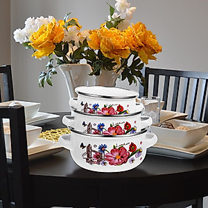 Amosfun Mini Soup Pot Retro Floral Enamelware Pot with Lid - 4.5 Inch 5.5 Inch 8 Inch Assortment Ramen Soup Pot with Handle Ears