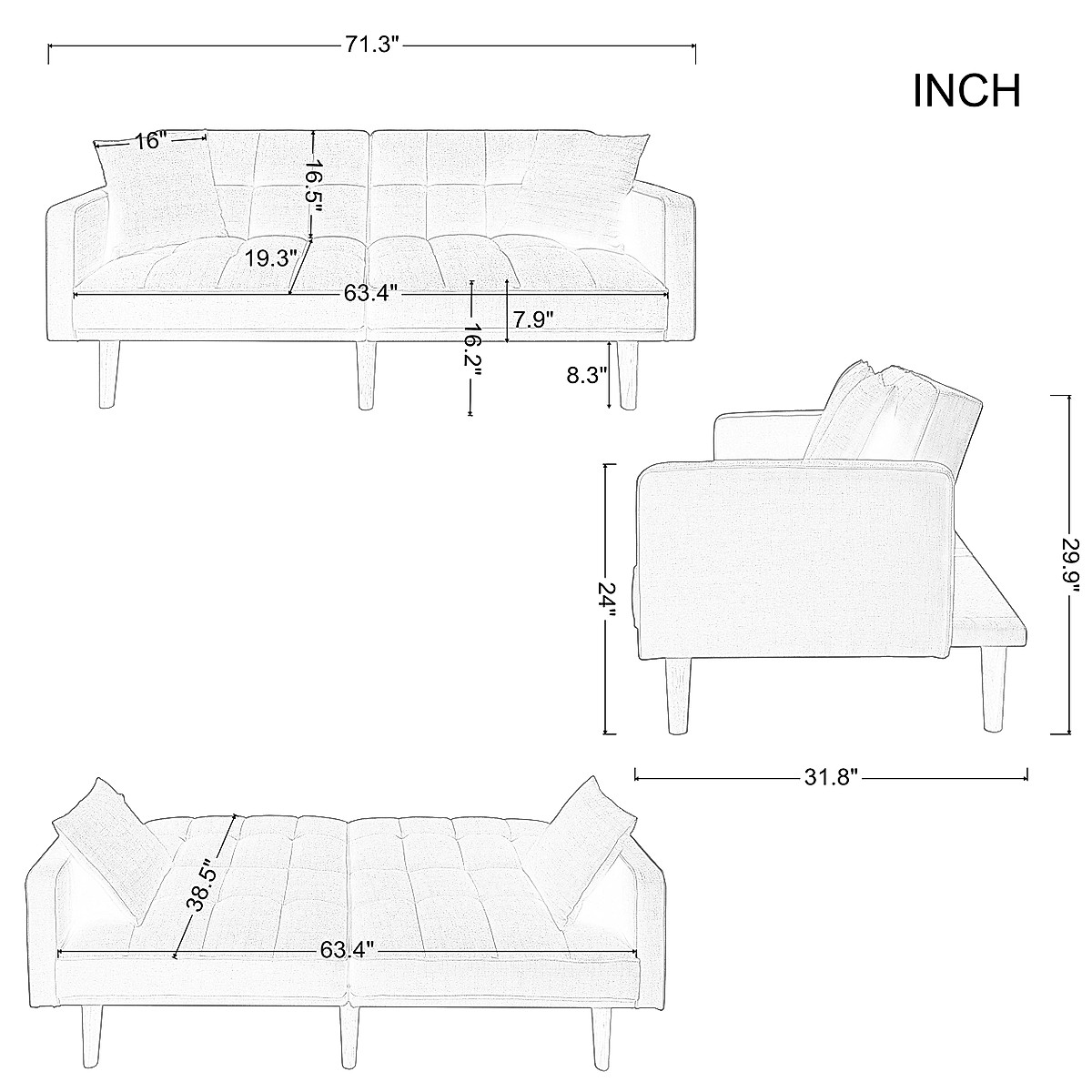 Ampela Futon Sofa Bed 74" Modern Convertible Folding Lounge Couch Loveseat Daybed Upholstered Sofá with 2 Pillows for Bedroom and Living Room Bedroom, Apartment,Home Office,Black