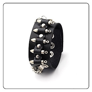 Fusamk Punk Rock Snap Bracelet Bullet Chain Wristband Wide Leather Cuff Bracelet(Black)